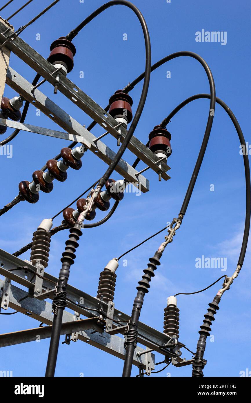Close view of high voltage post, High voltage tower, show with high ...