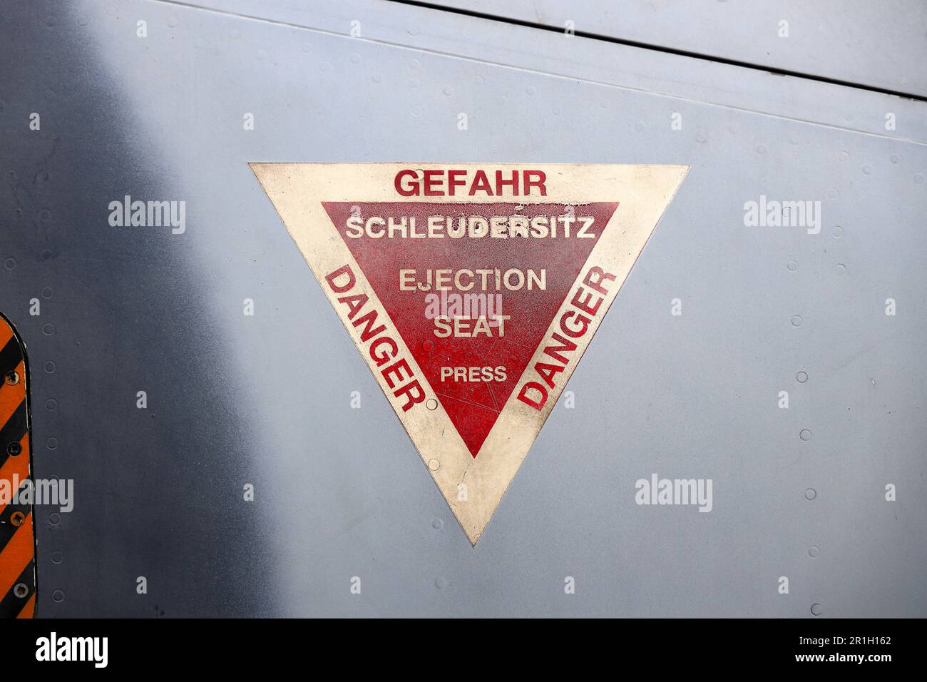 Ejection seat warning sign on fuselage of modern jet fighter Stock ...