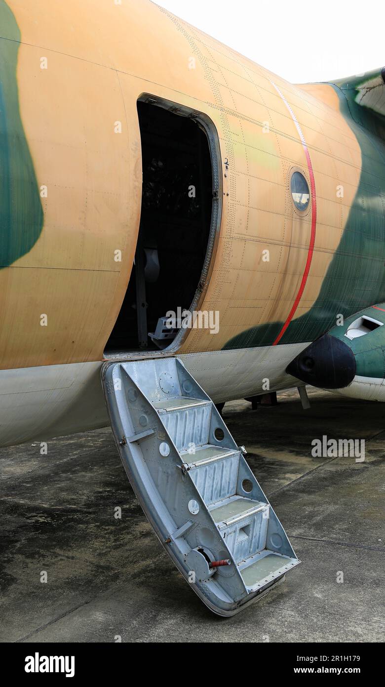 Ladder with open door of military transportation plane in open position ...