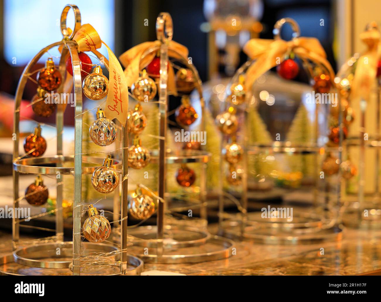 shelf for serve high tea desserts set in luxury tea shop on beautiful ...