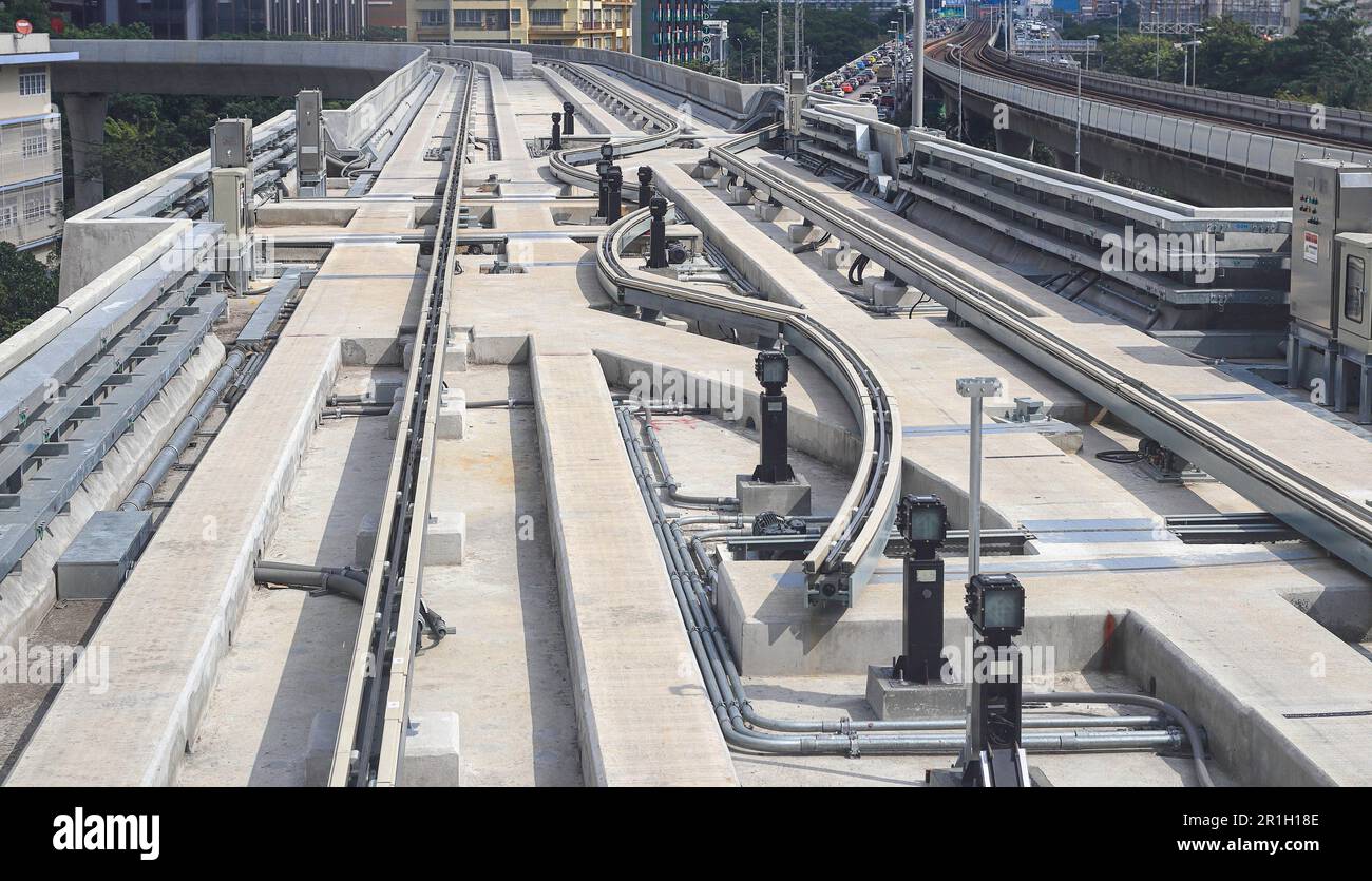 Construction of Mass Rail Transit track line, railway construction work on skytrain viaduct ...