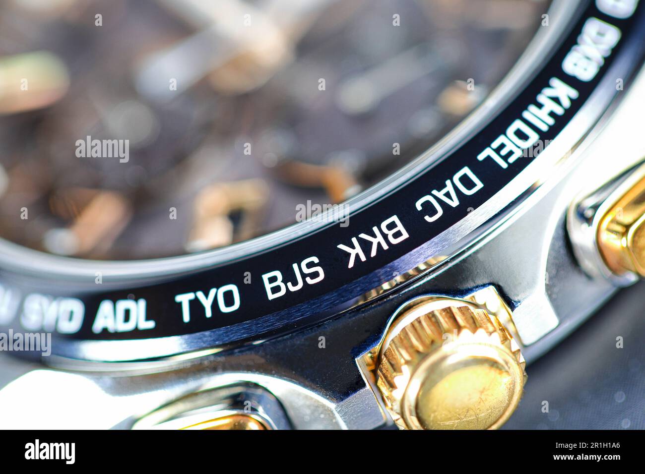 close up shallow focus Time zone cities code on luxury world time watch ...