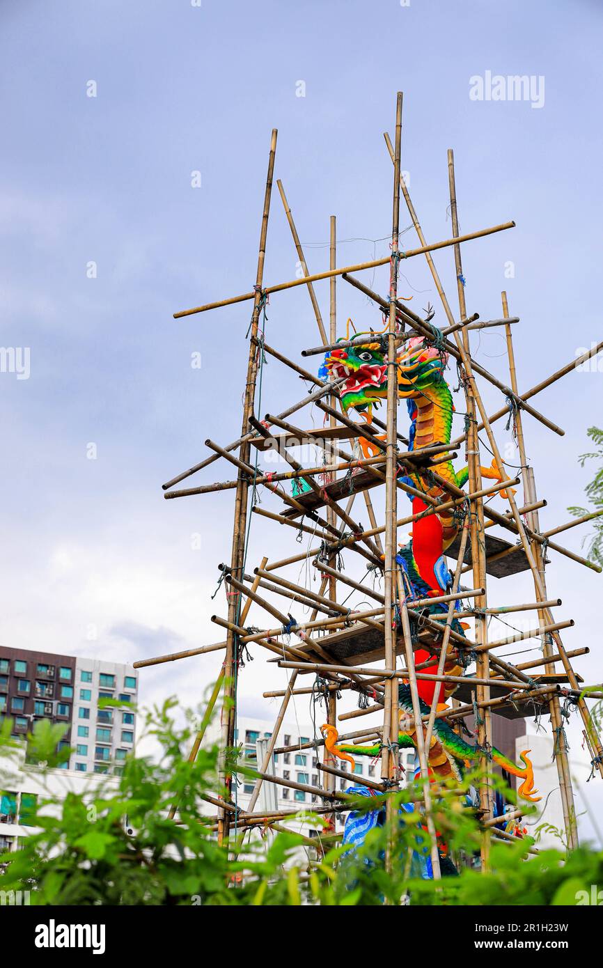 Scaffolding for reconstruction the Chinese Dragon sculpture background ...