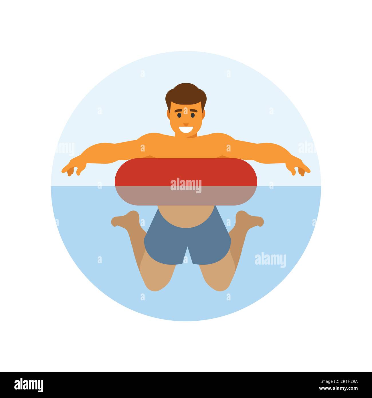 A man is swimming in a circle with a tube that says I'm a boy Stock ...