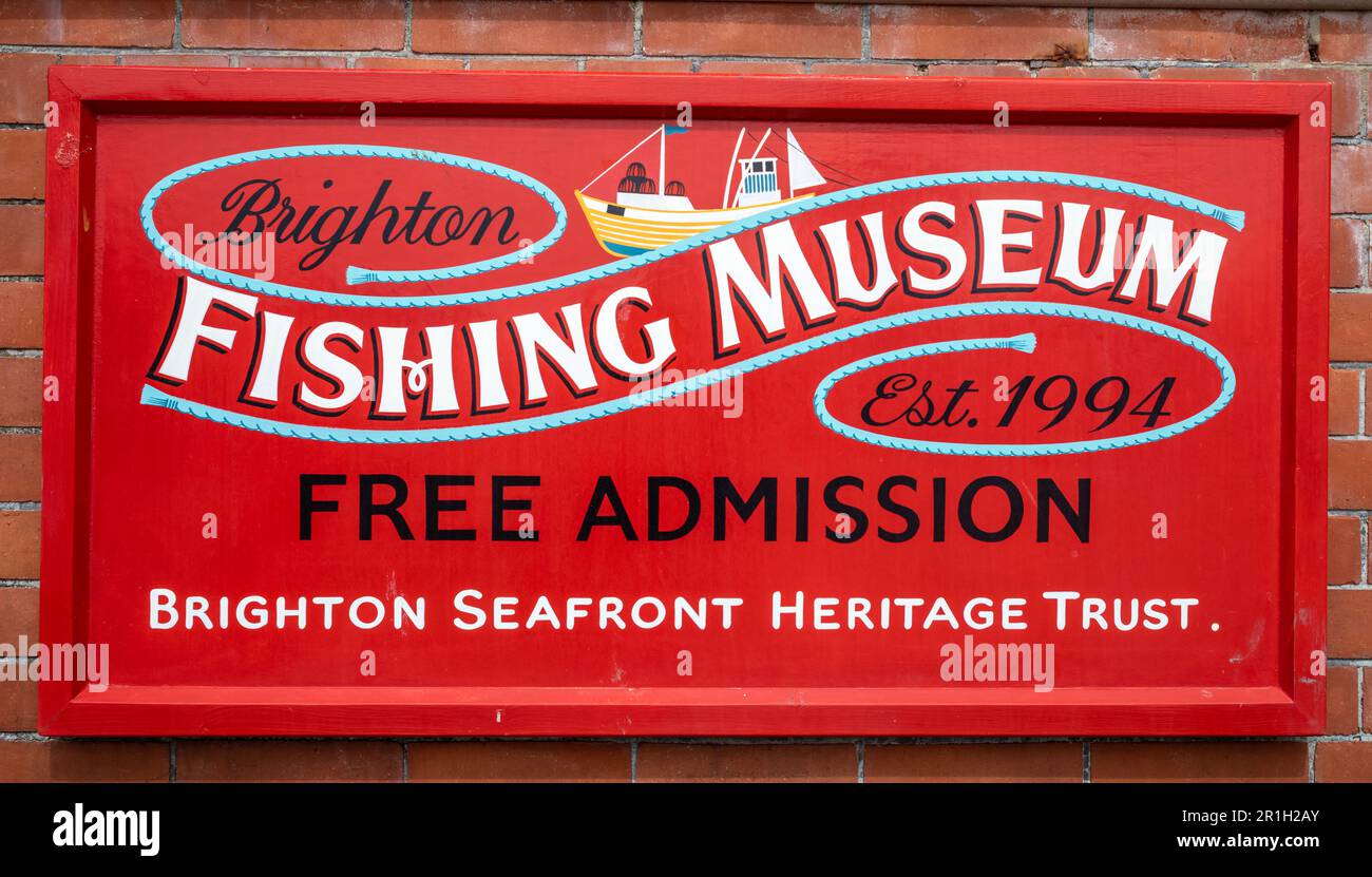 A hand-painted sign at the entrance to the Fishing Museum in arches ...