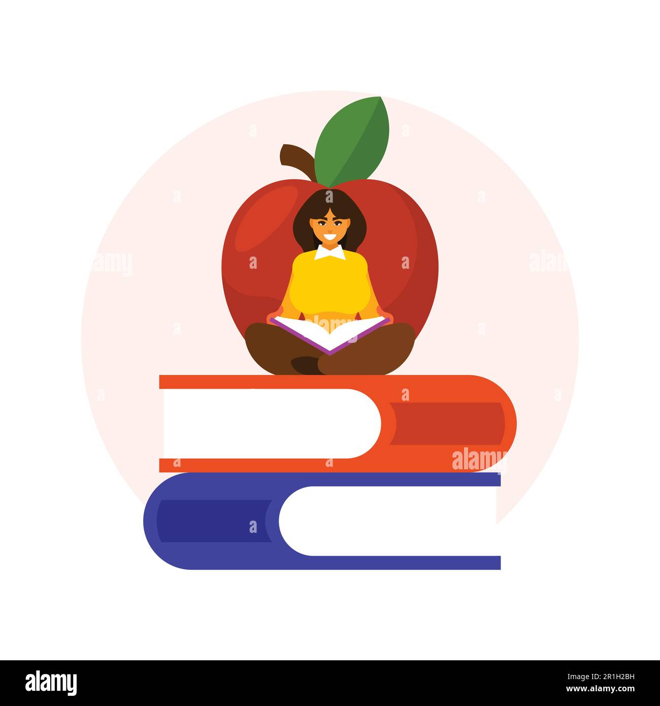 Girl reading book on a stack of books Vector illustration in flat style ...