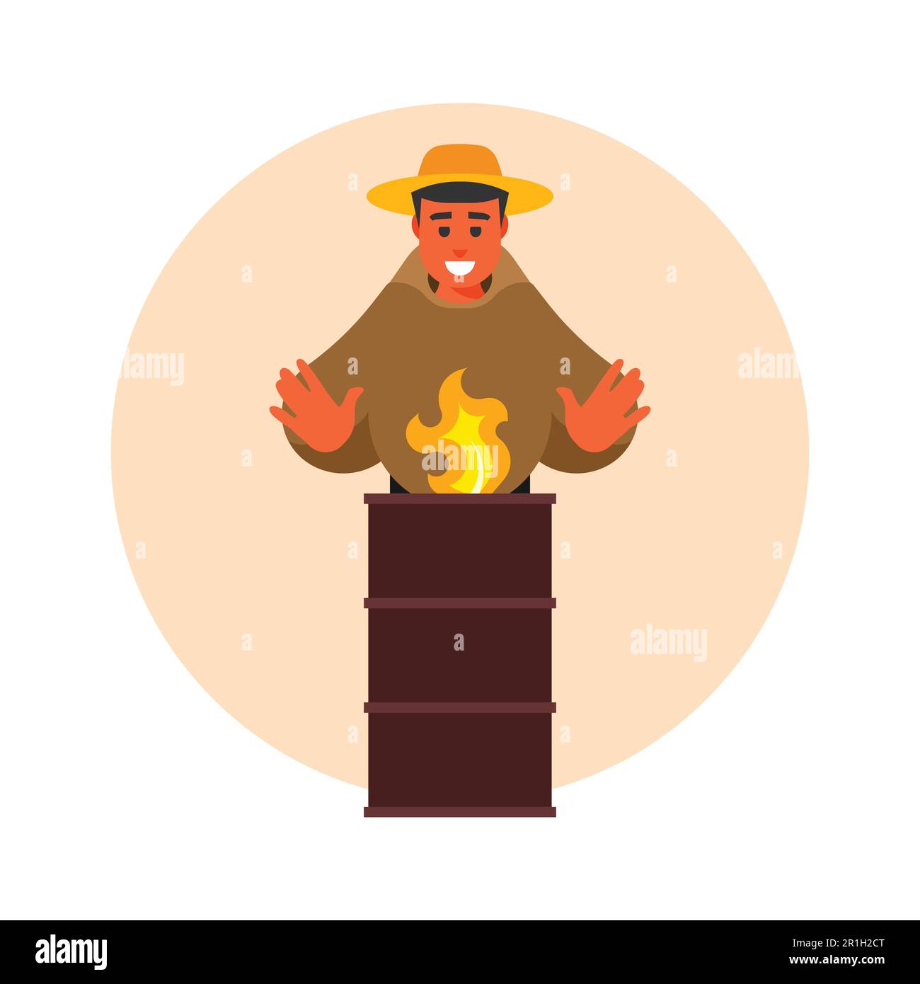 Farmer in hat and apron sitting on a barrel with burning fire Vector ...
