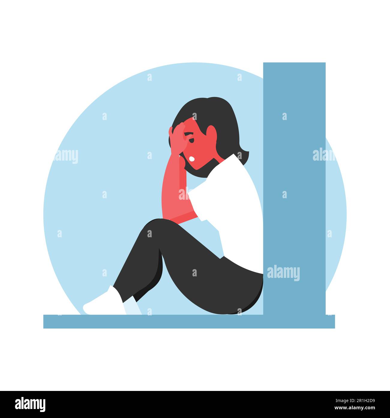 Depressed woman sitting on the window Vector illustration in flat style ...