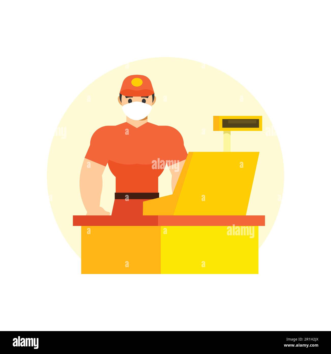 A man in a red uniform stands behind a cashier in front of a yellow box ...