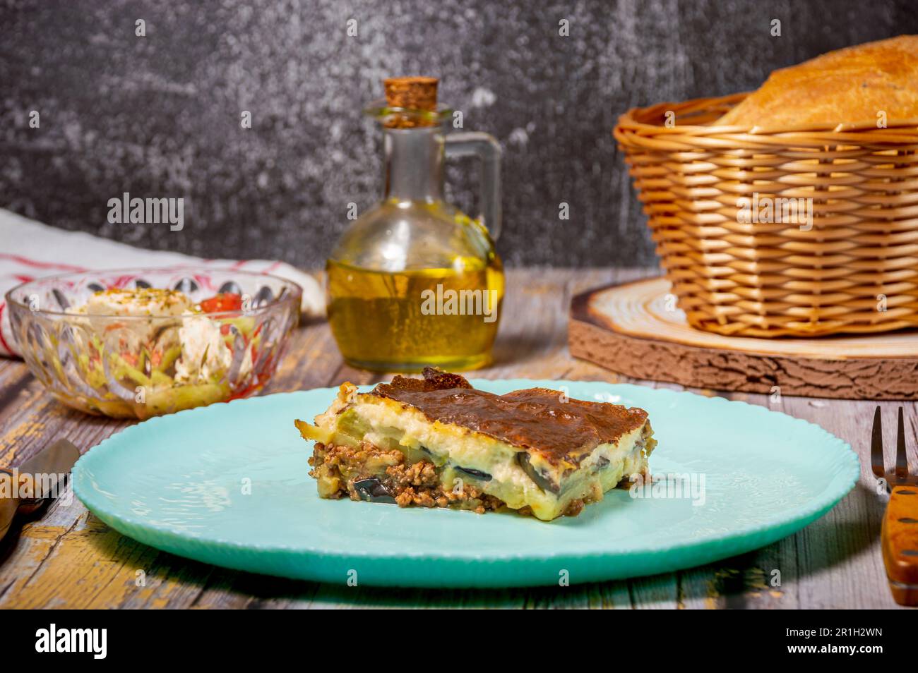 Traditional greek moussaka with eggplants, ground beef and potatoes ...