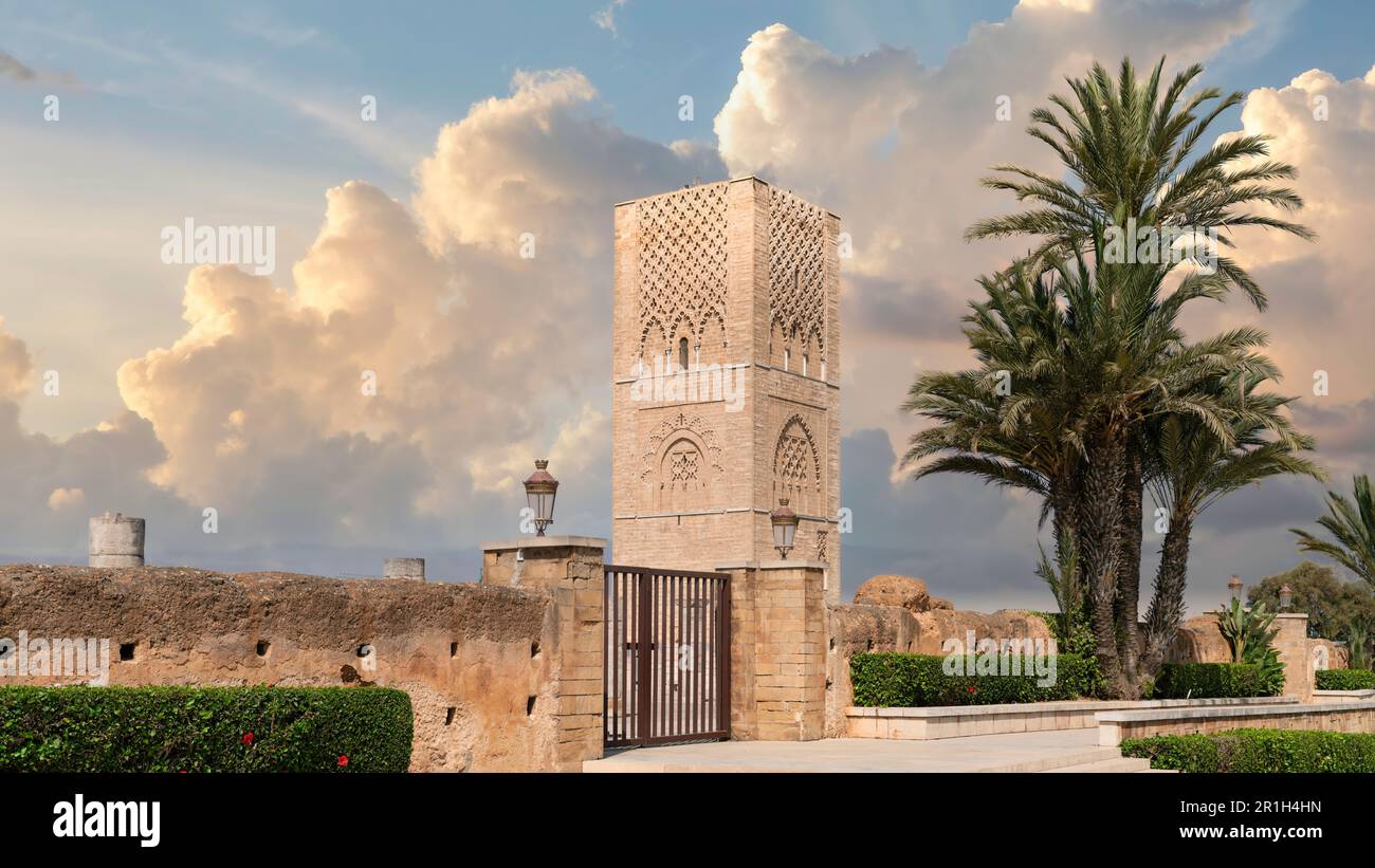 Rabat, Morocco - September 2022: Hassan tower at Mausoleum of Mohammed ...