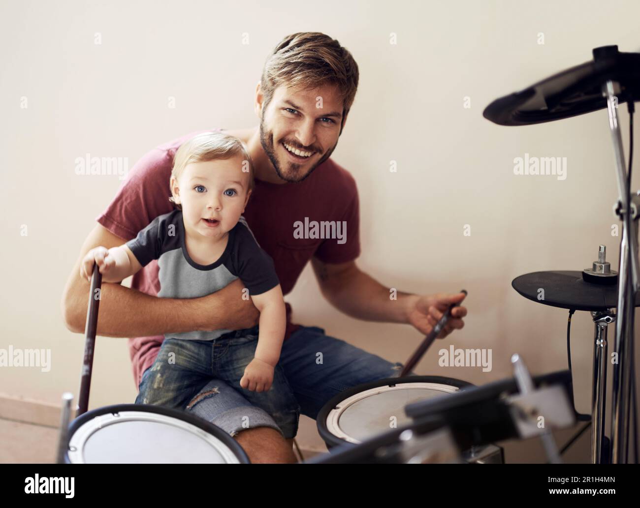 Cool father, baby portrait and drummer musician with music development ...