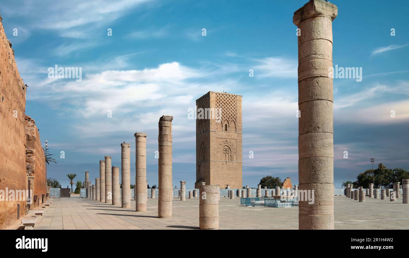 Rabat, Morocco - September 2022: Hassan tower at Mausoleum of Mohammed ...