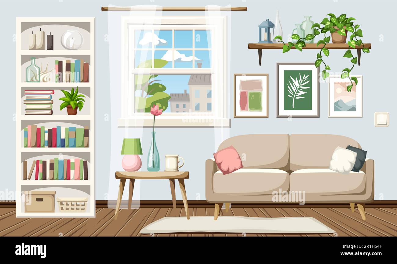 Living room interior with blue walls, a sofa, a white bookcase, a ...