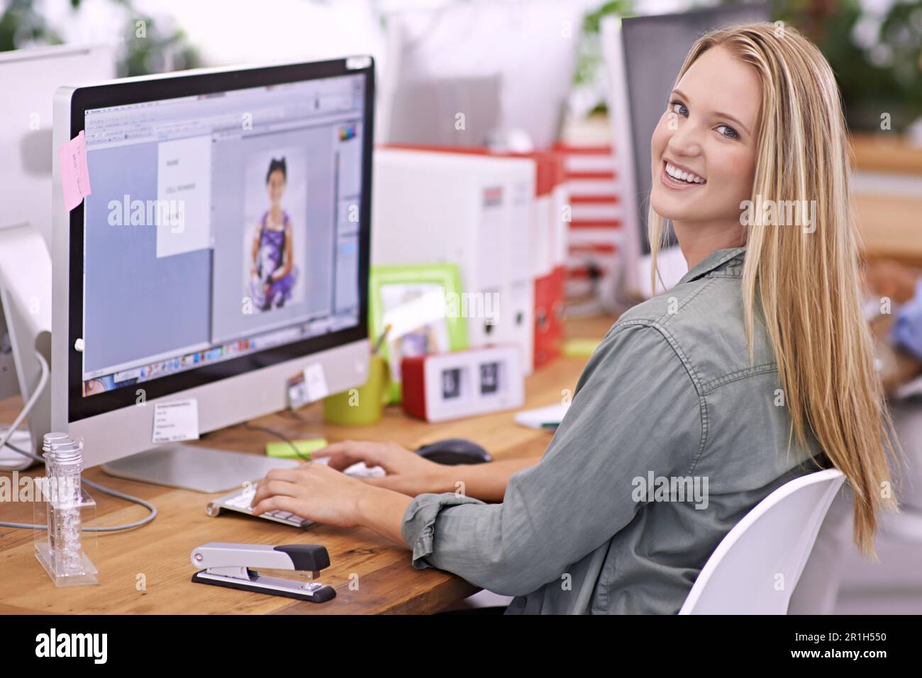 Woman at desk, computer screen and smile in portrait, editor at fashion ...