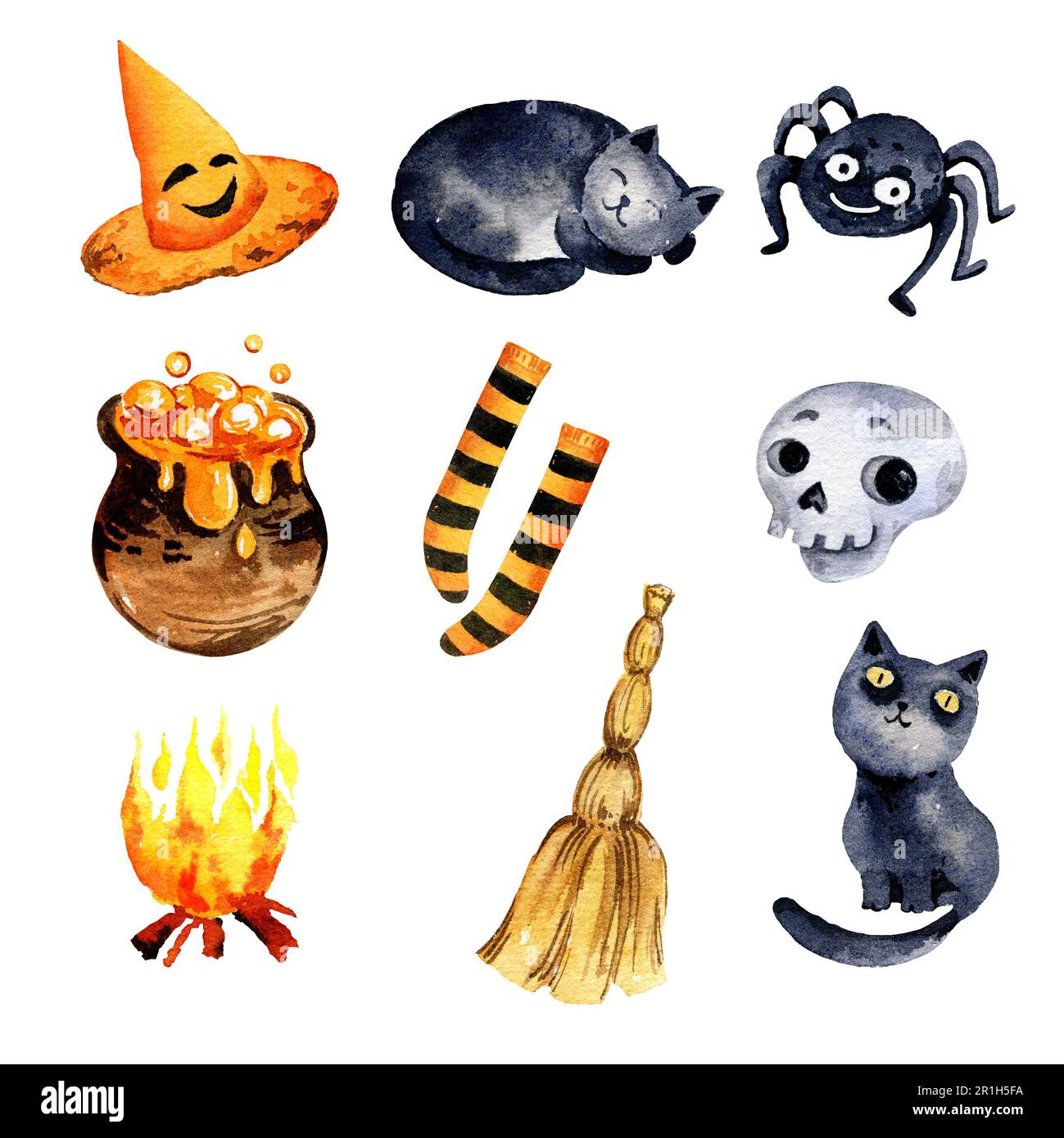 watercolour set of halloween theme with black cat, skull, spider, hat ...