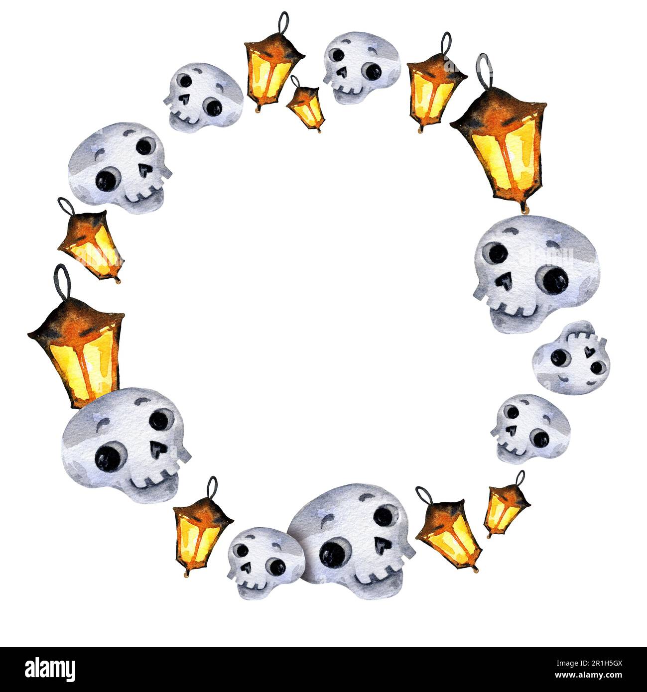 watercolor round wreath of halloween theme with skull, lamp, flashlight ...