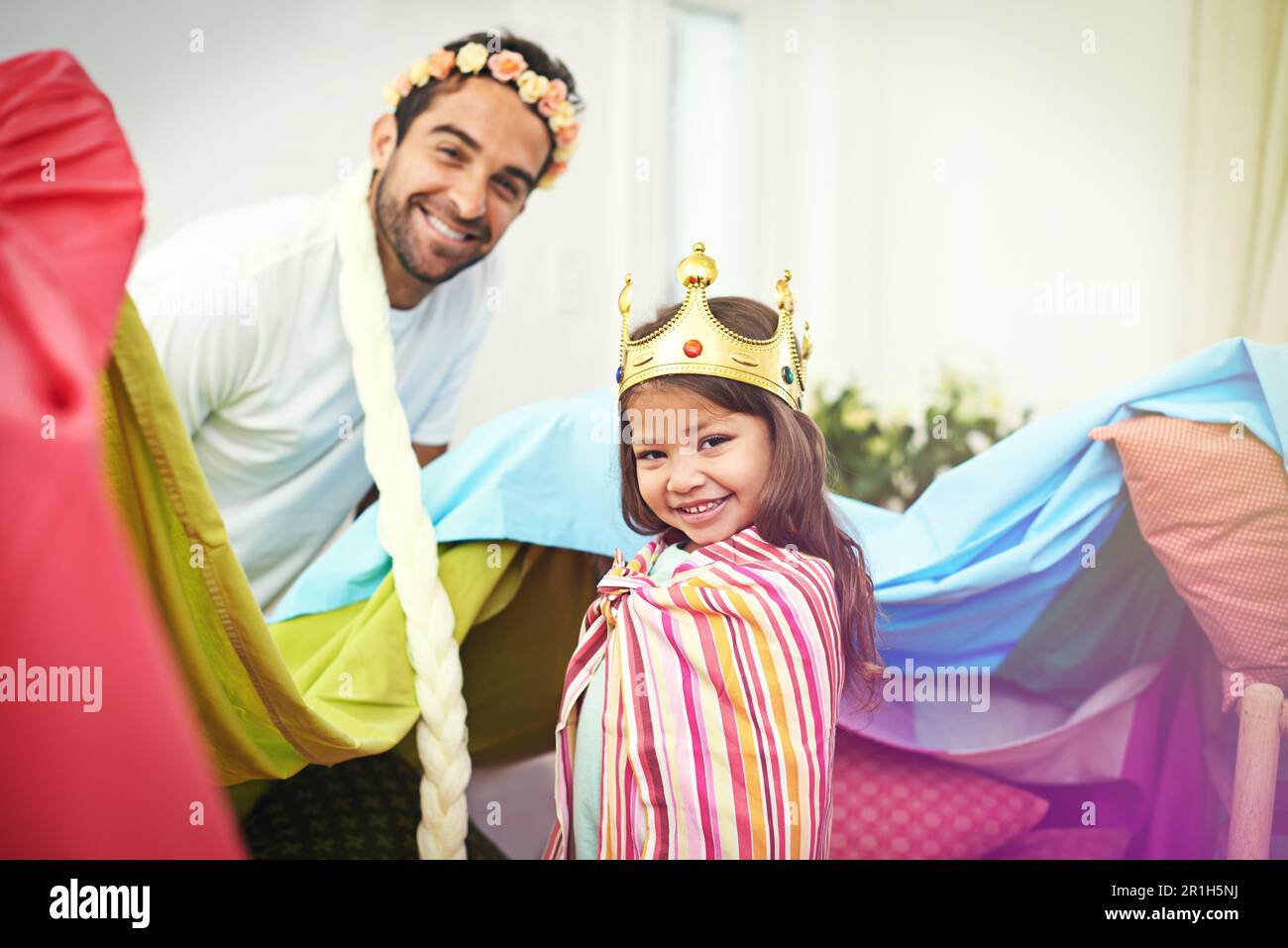 Fantasy, dress up dad portrait and children in a blanket fort with ...