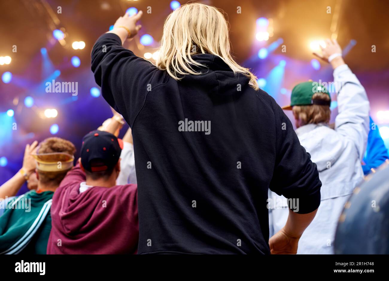 Music, dance and party with crowd at festival for celebration, rave ...