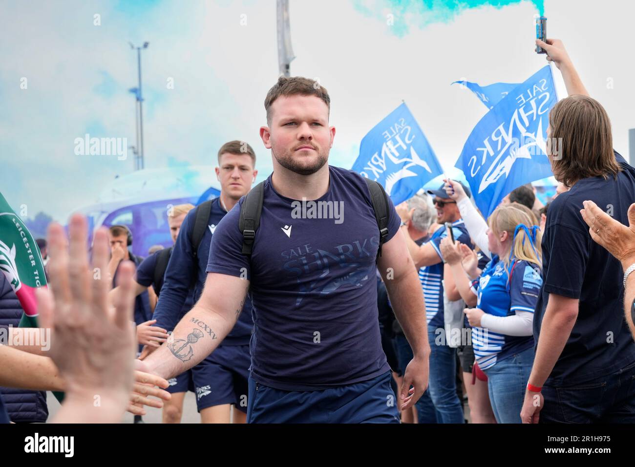 Ewan Ashman #16 of Sale Sharks arrives at the stadium before the ...