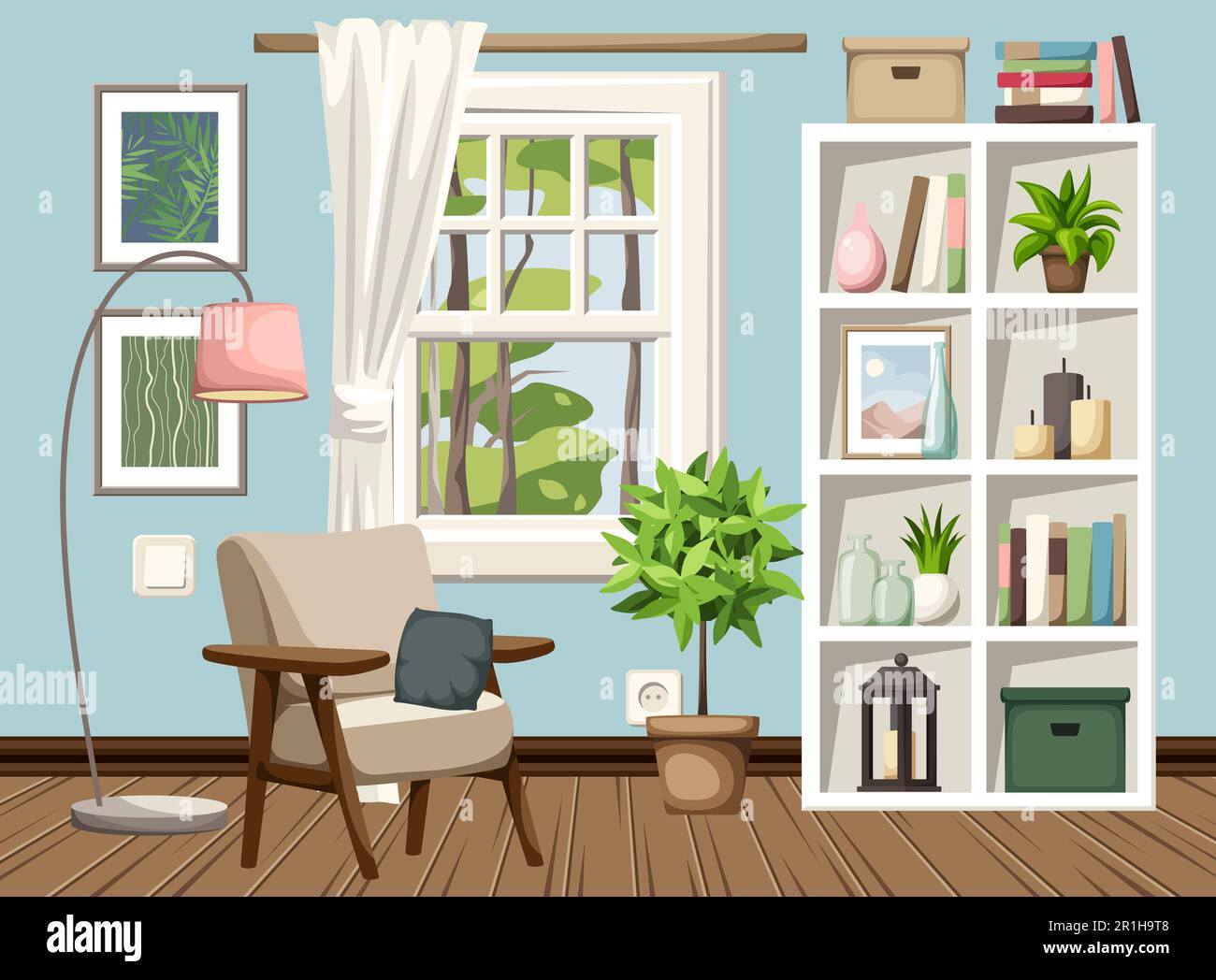 Living room interior design with blue walls, an armchair, a shelving, a ...