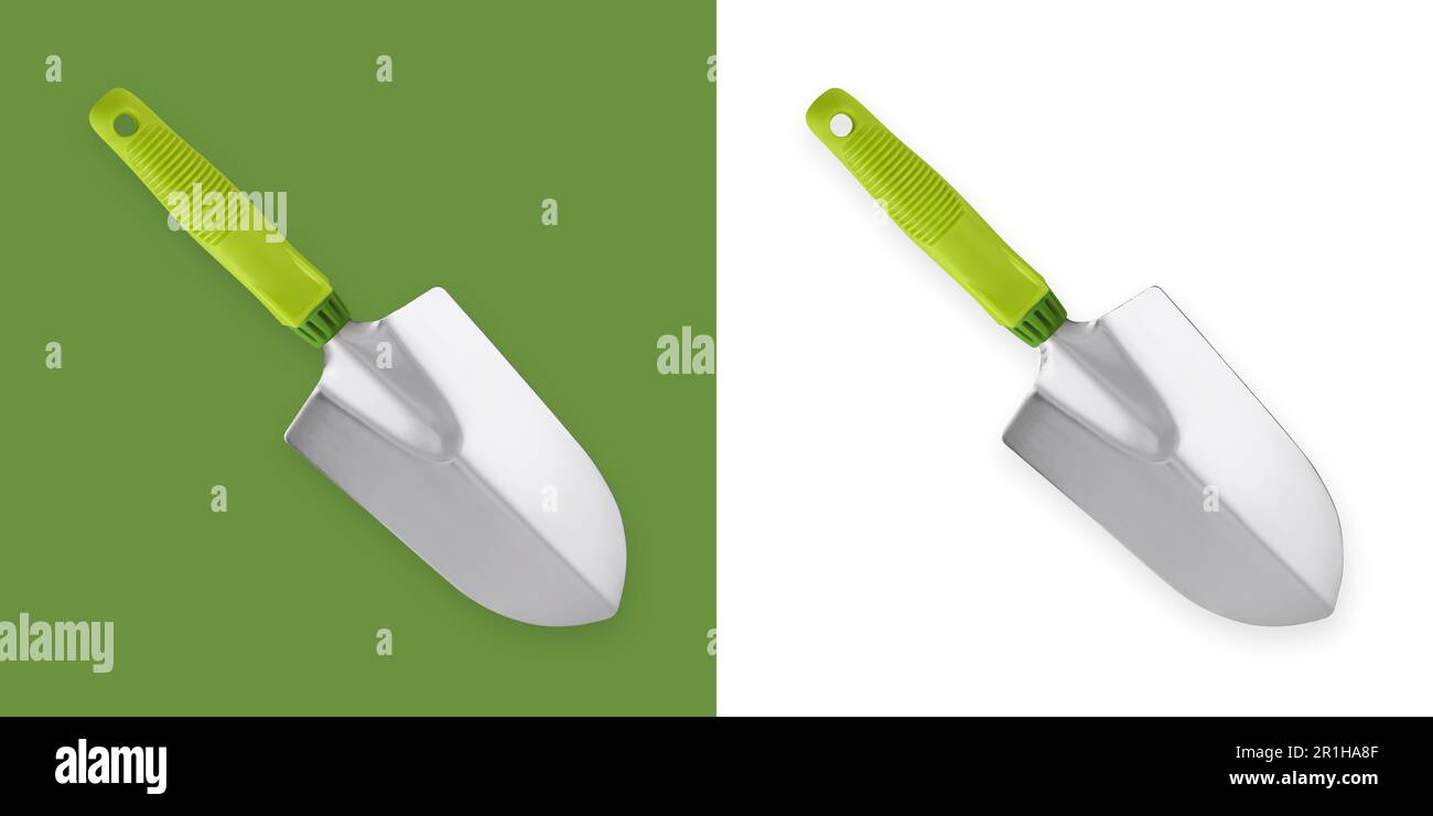 Gardening tool equipment. Metal garden Trowel with green plastic grip ...