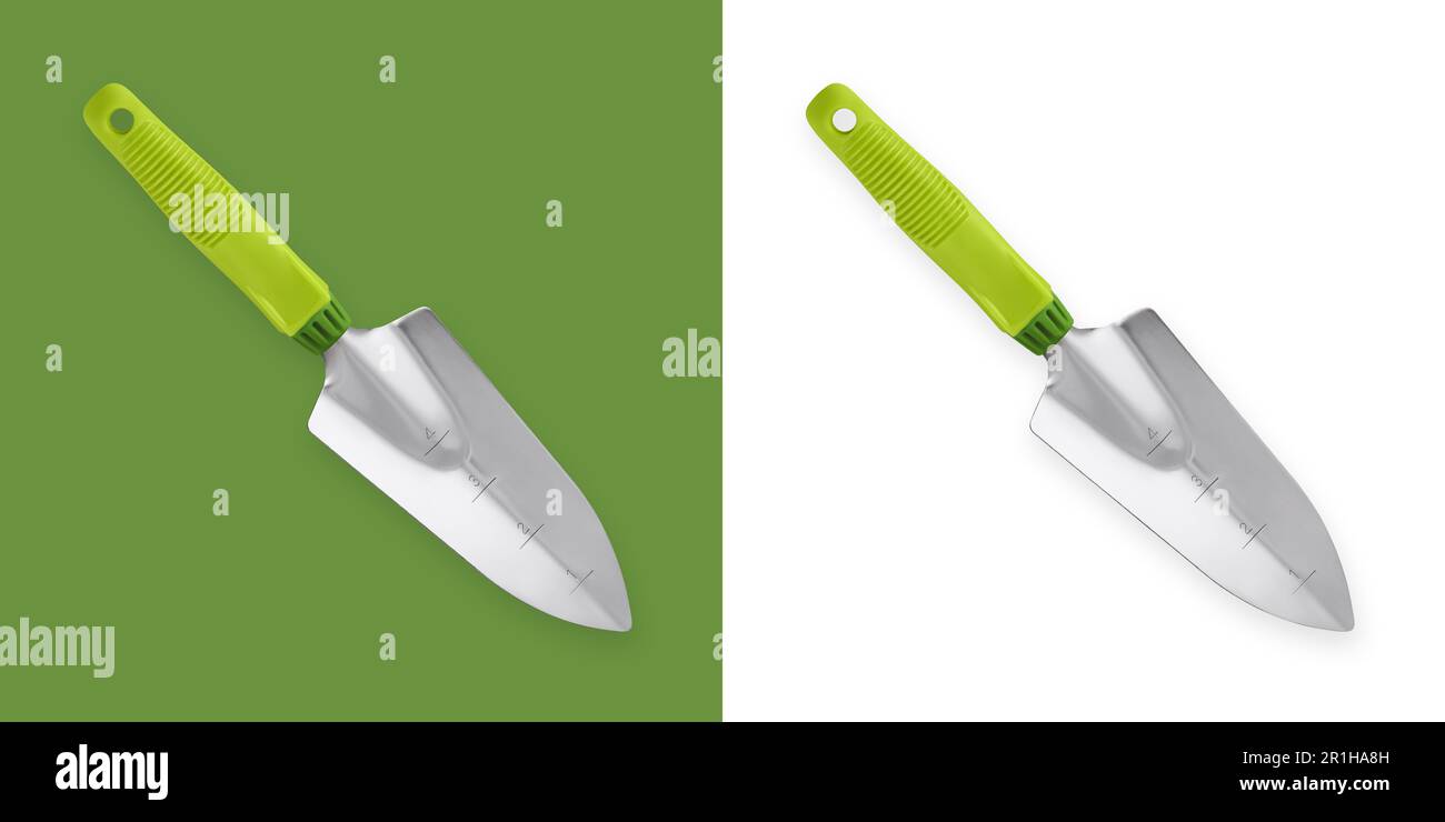 Gardening tool equipment. Metal garden Trowel with green plastic grip ...