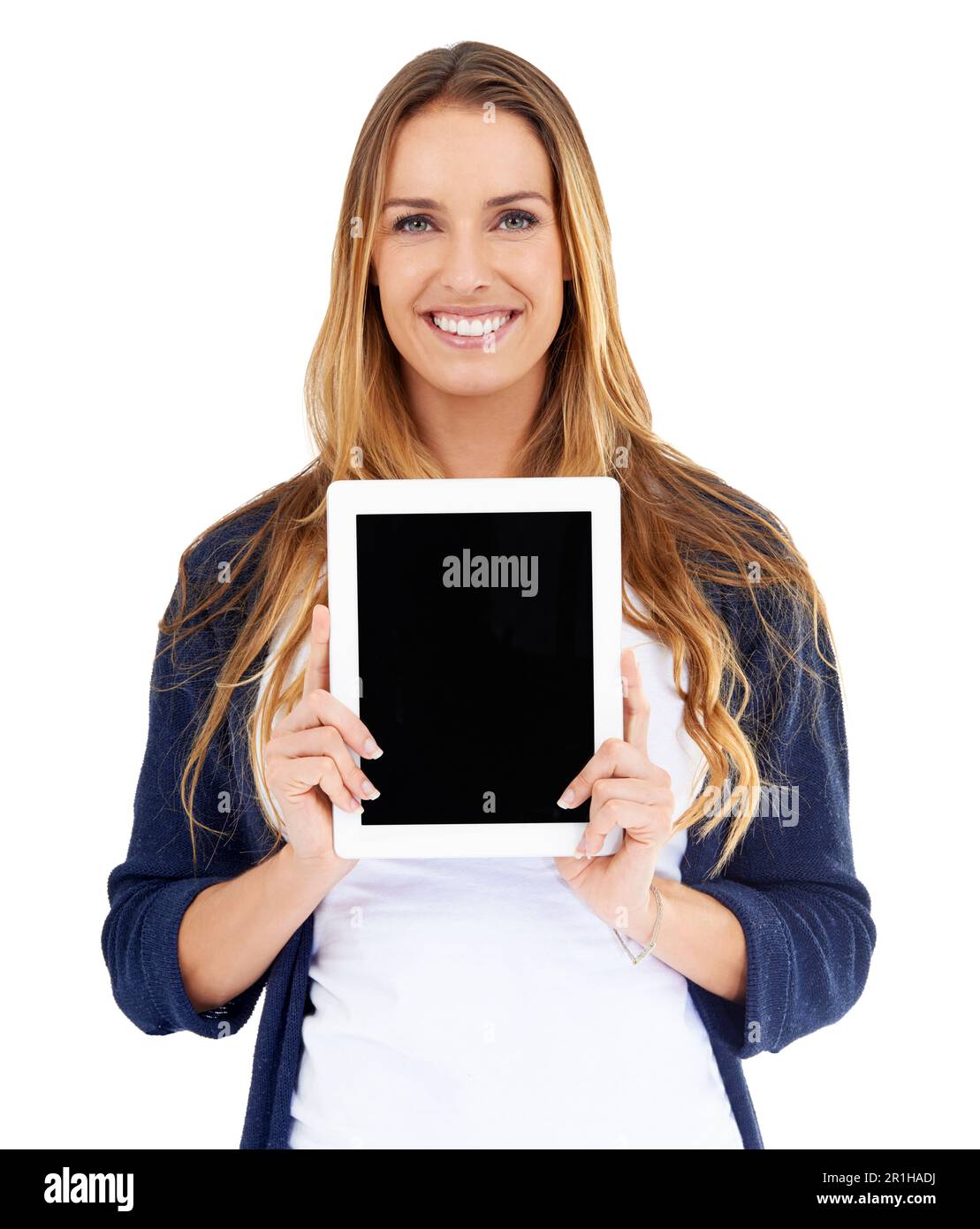 Woman portrait, tablet and mockup on screen isolated on a white ...