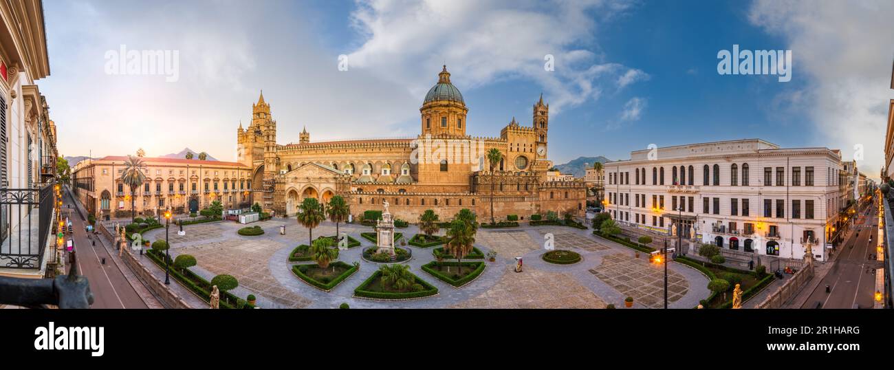Palermo, Italy panorama at the historic Palermo Cathedral and plaza ...