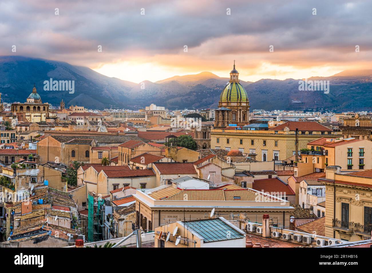 Palermo, Sicily town skyline with landmark towers at dusk Stock Photo ...