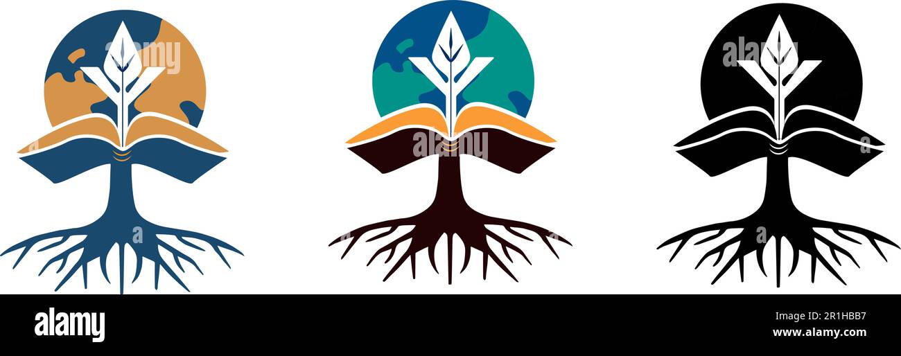 logo tree roots growing book and plant on the background of the planet ...