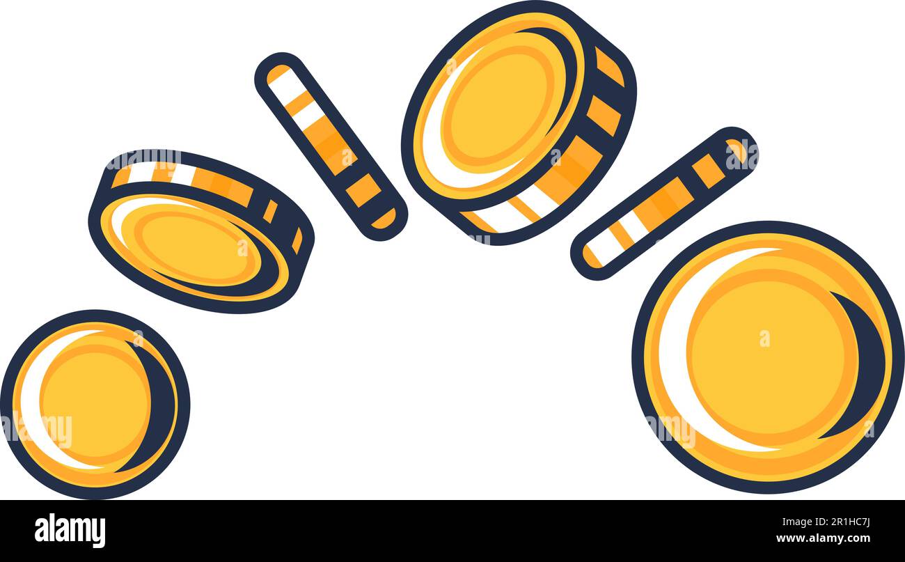 Scattering of gold coins falls and spins in air. Golden metal coins ...