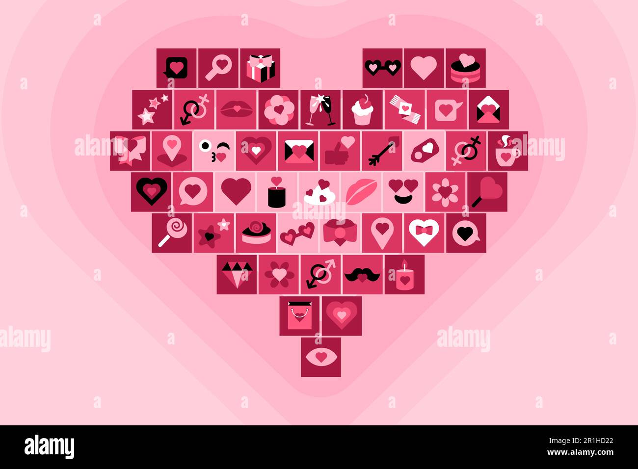 Heart shaped collage stacked of square pink icons with symbols and ...