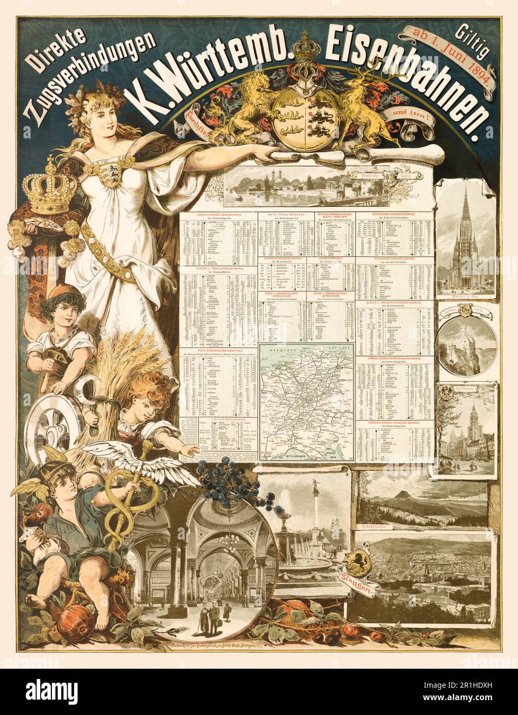 Direkte Zugsverbindungen. K. Württemb. Eisenbahnen. Holzschnitt für ...
