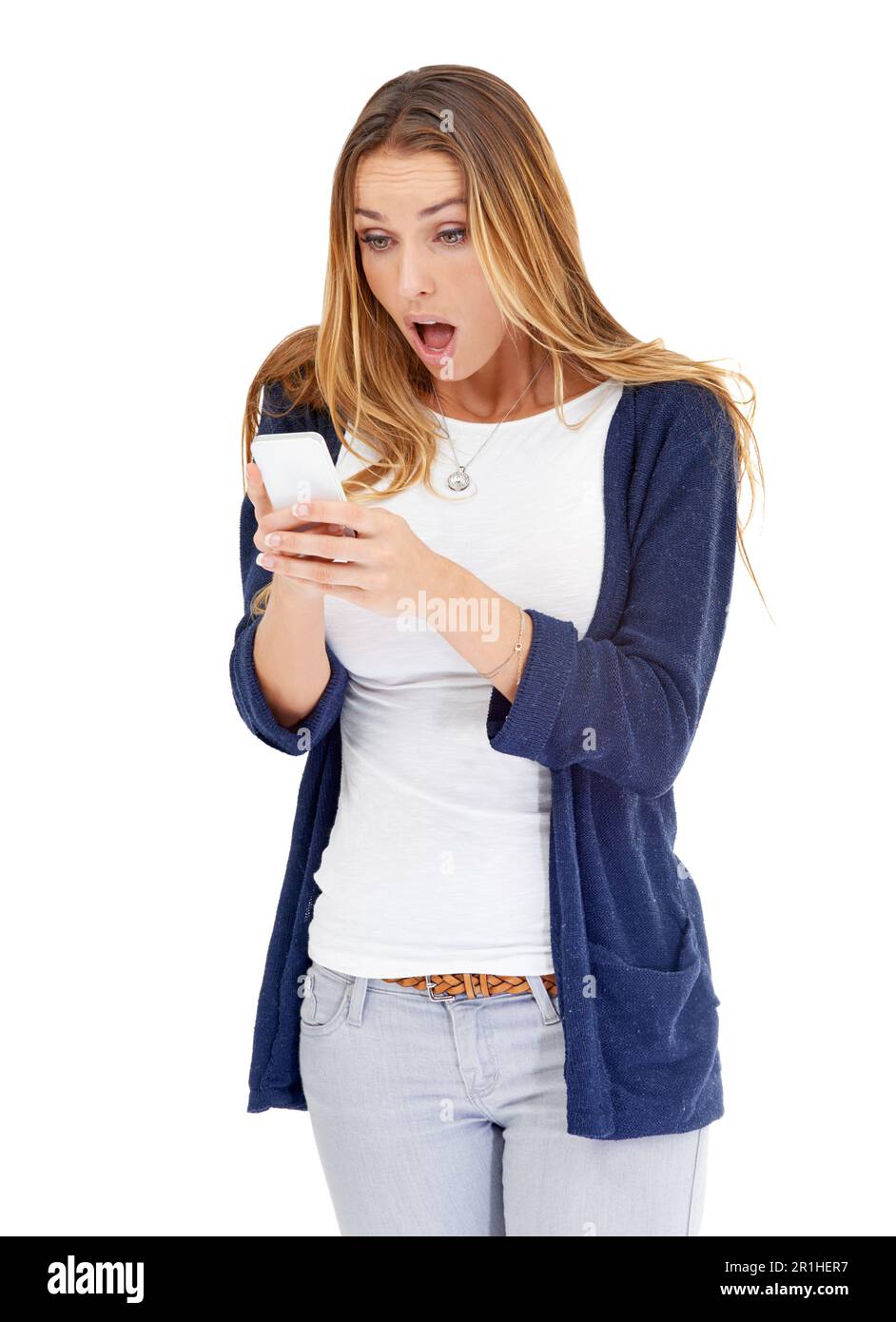 Shocked, wow and woman on a phone isolated a white background for fake ...