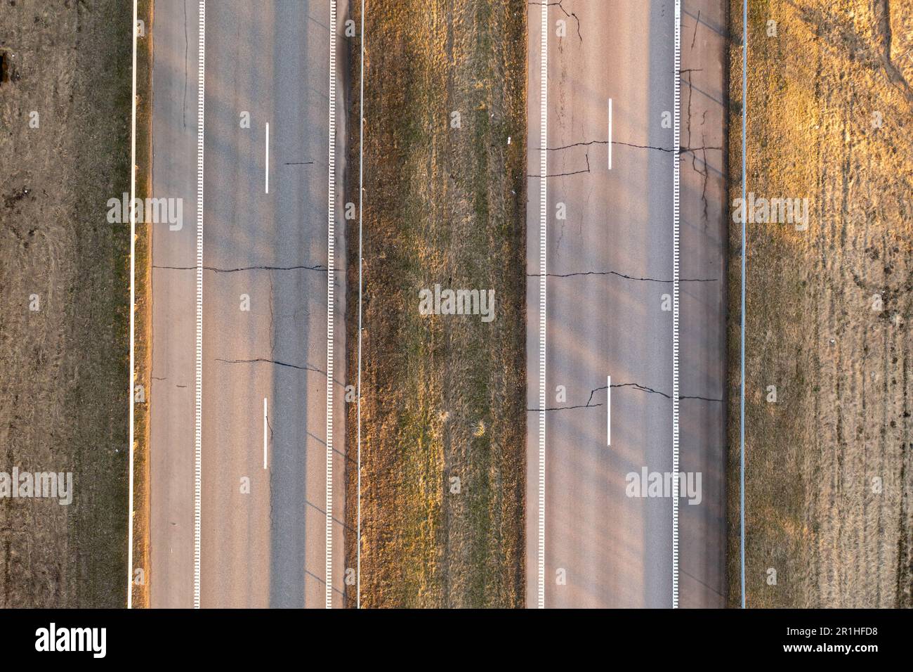 Drone photography of parallel highway lanes during spring evening Stock ...