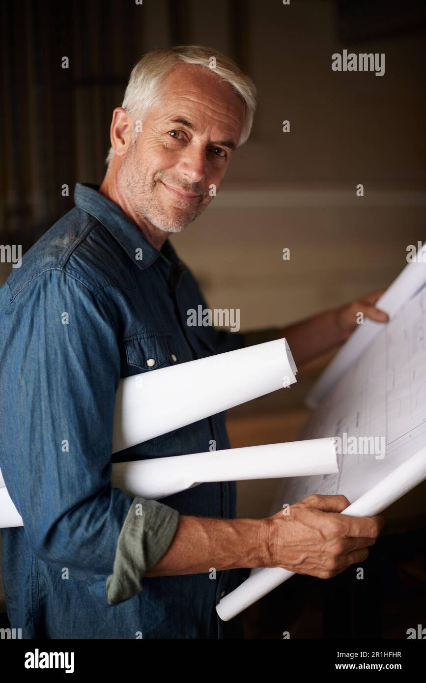 Senior architect, blueprint and man with drawing, renovation or ...
