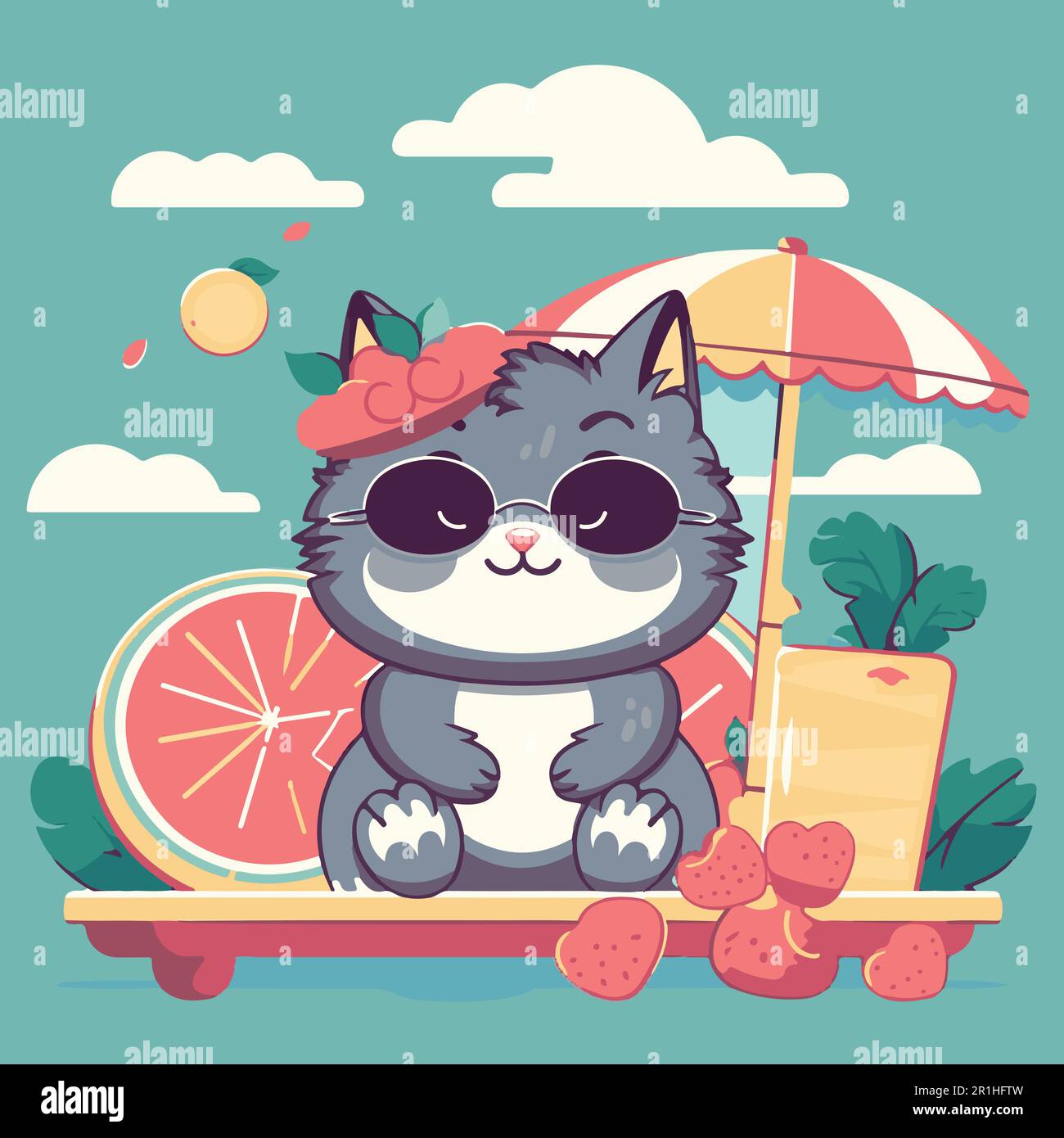 A Cartoon Cat With Sunglasses Sits On A Bench Under An Umbrella Summer