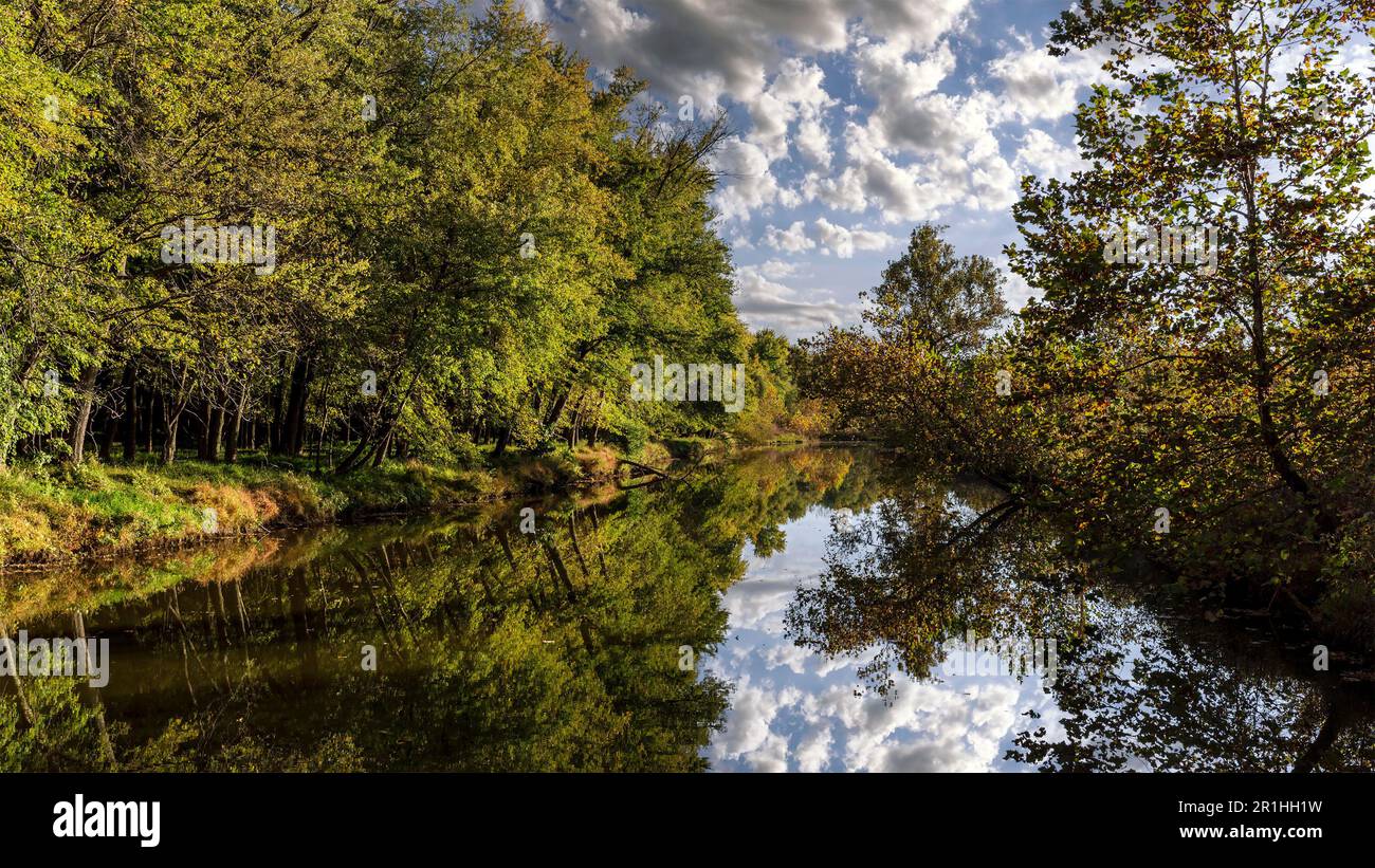 Landscape with a canal reflecting trees and a cloudy sky at Creve Coeur ...
