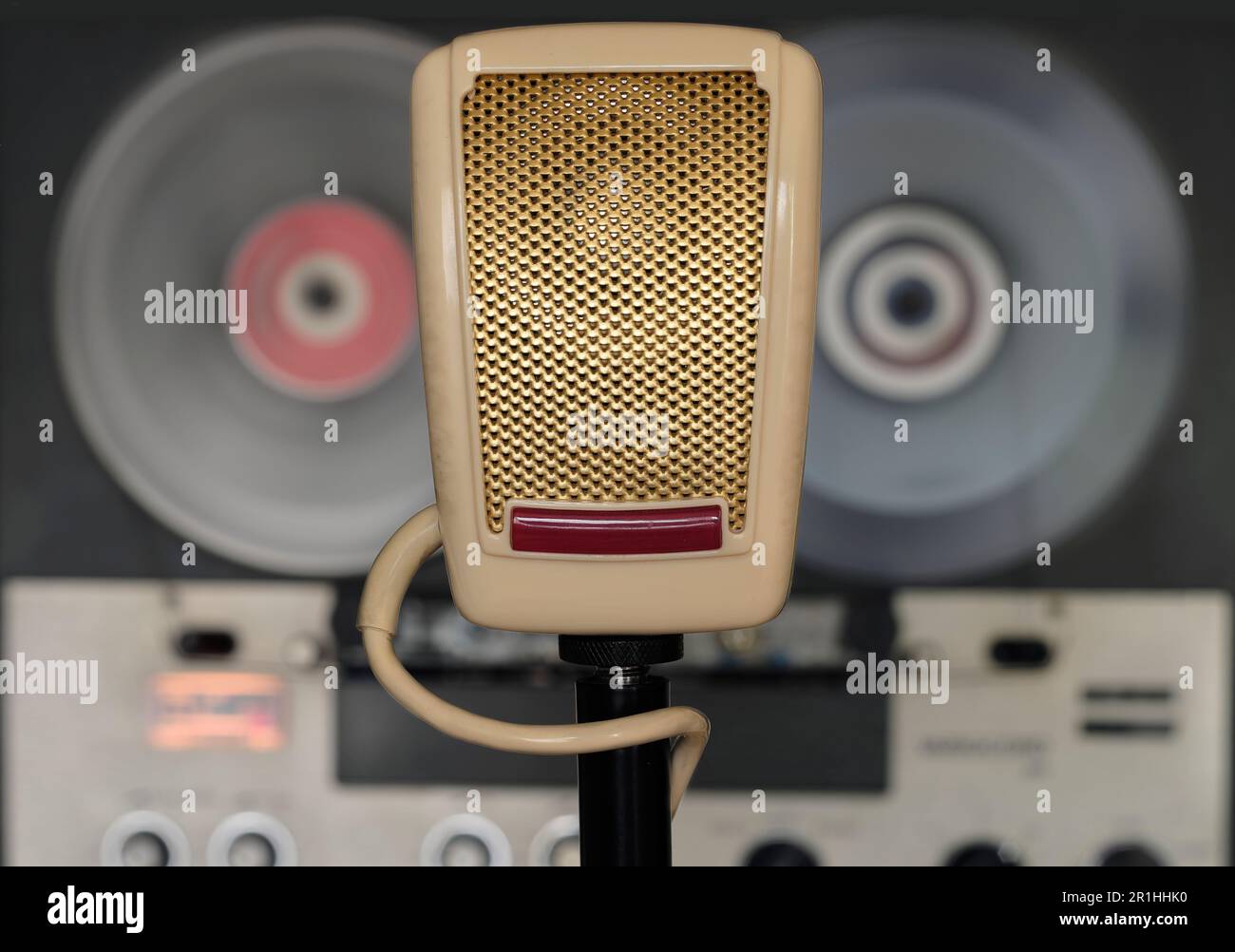 vintage recording microphone and reel to reel tape recorder. Shallow ...