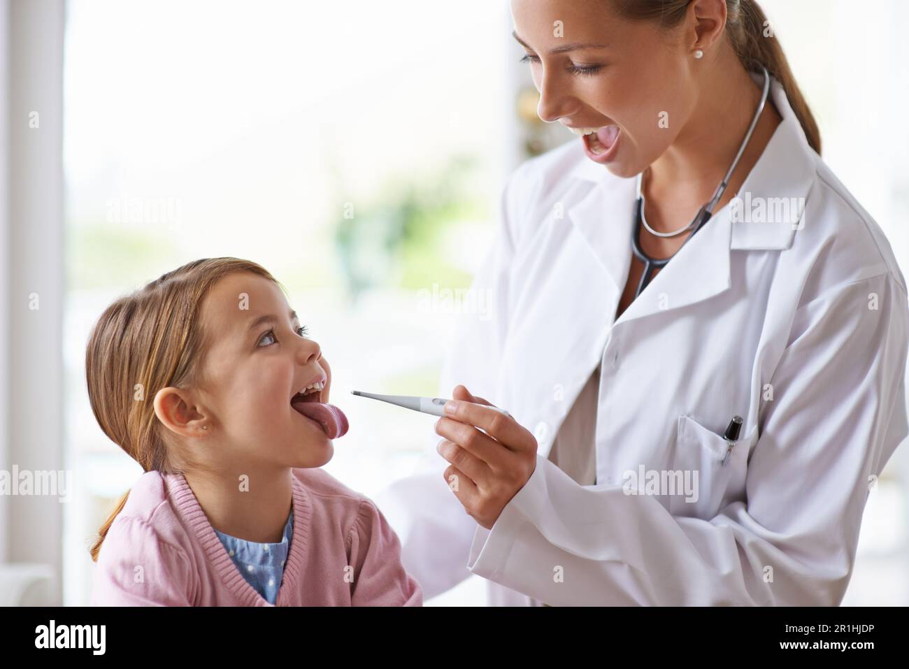 Child, woman and doctor with thermometer in mouth for medical risk ...