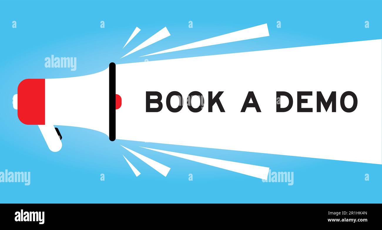 Color megaphone icon with word book a demo in white banner on blue ...