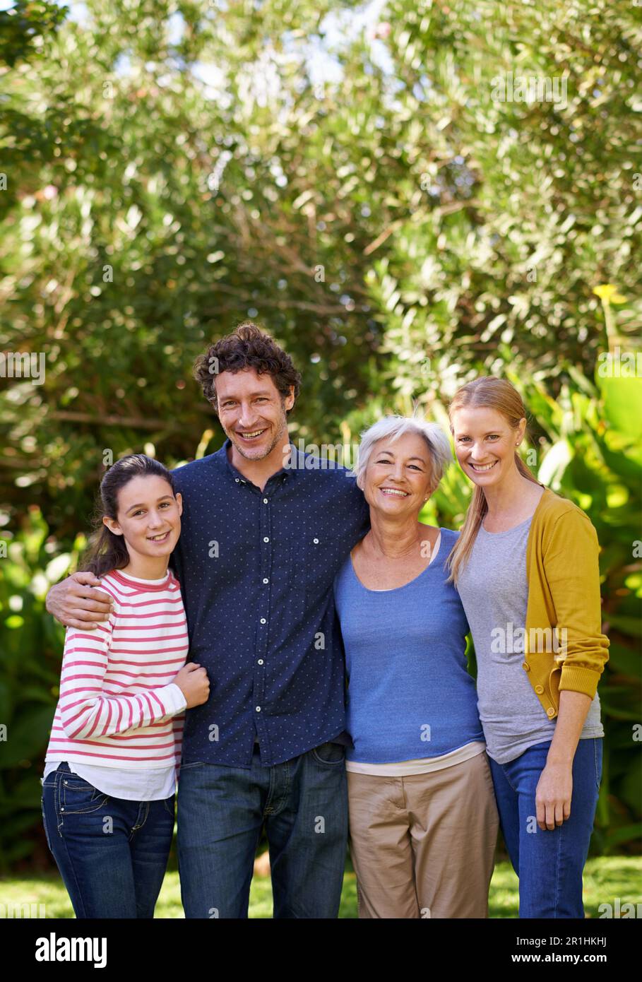 Family are happy in portrait, parents with kid and grandmother ...