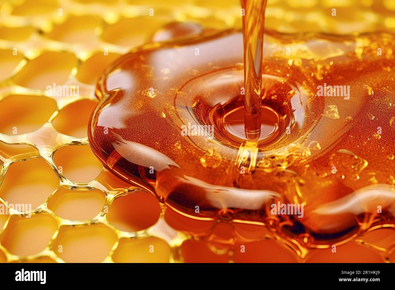 Macro detailed golden honey and honeycombs. Liquid sticky texture ...