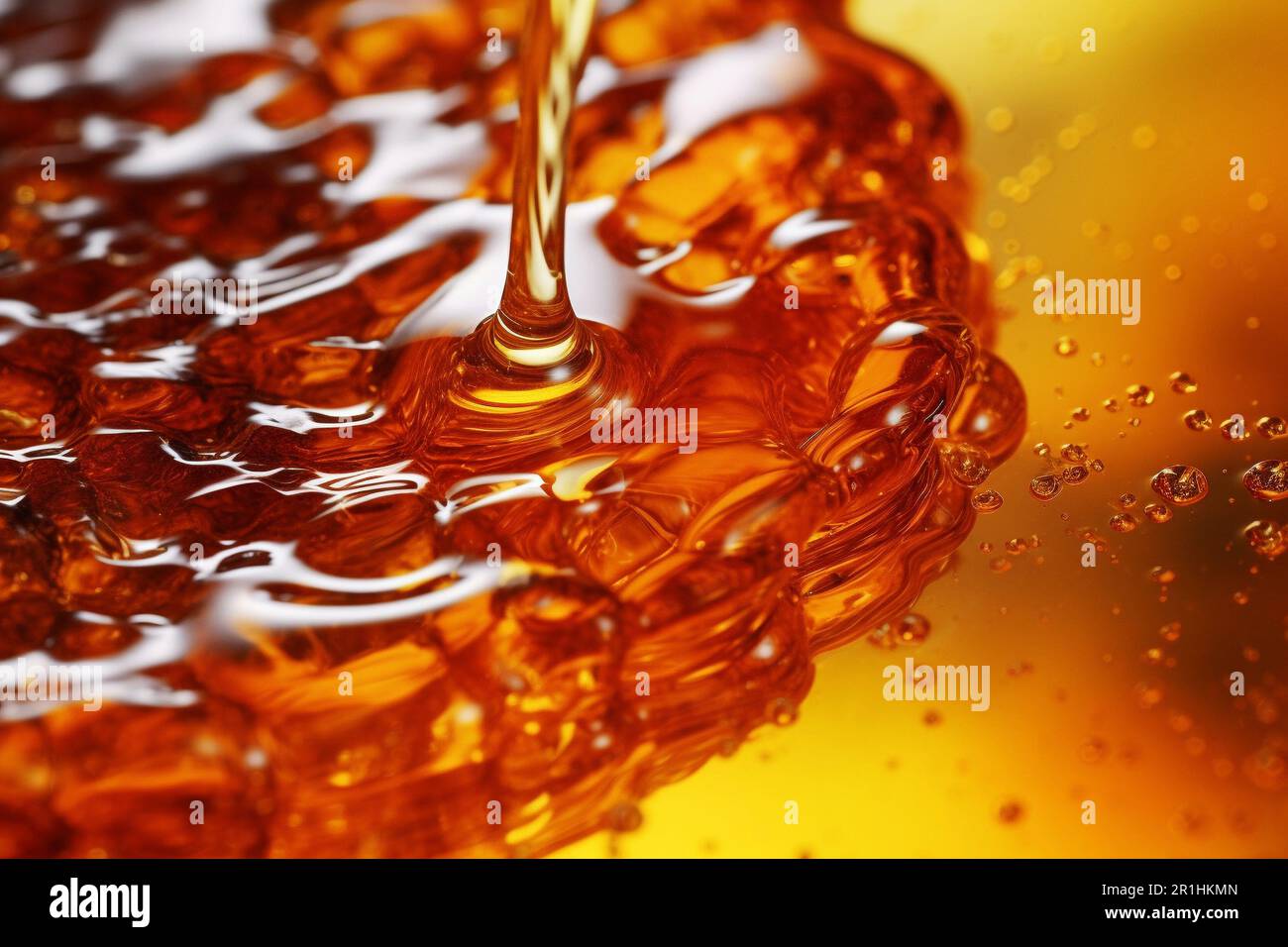 Macro detailed golden honey. Liquid sticky texture. Honey flow from the ...
