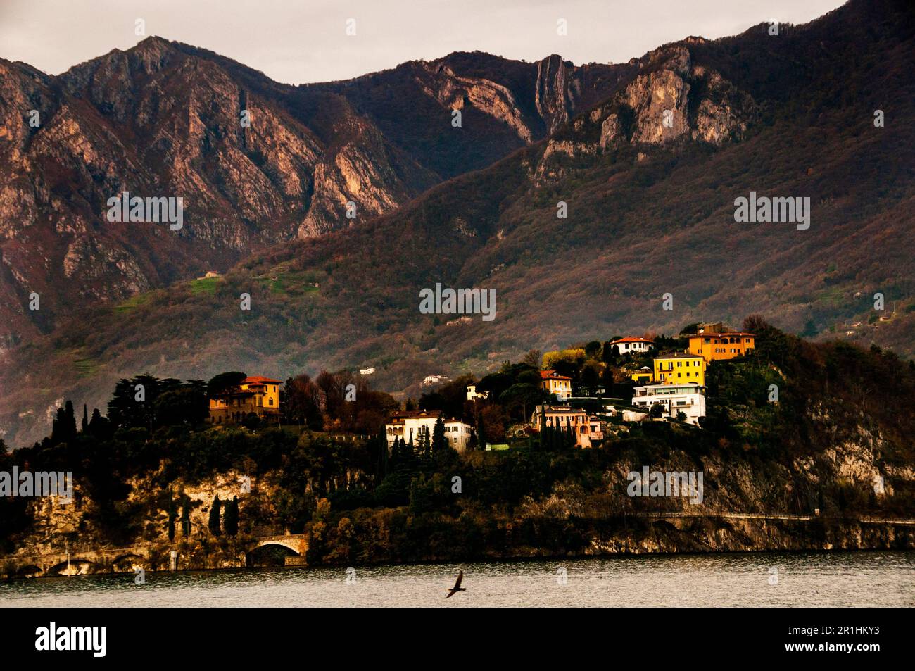 Lake Como villas, vistas and bridge to Lecco on the southeastern shore ...