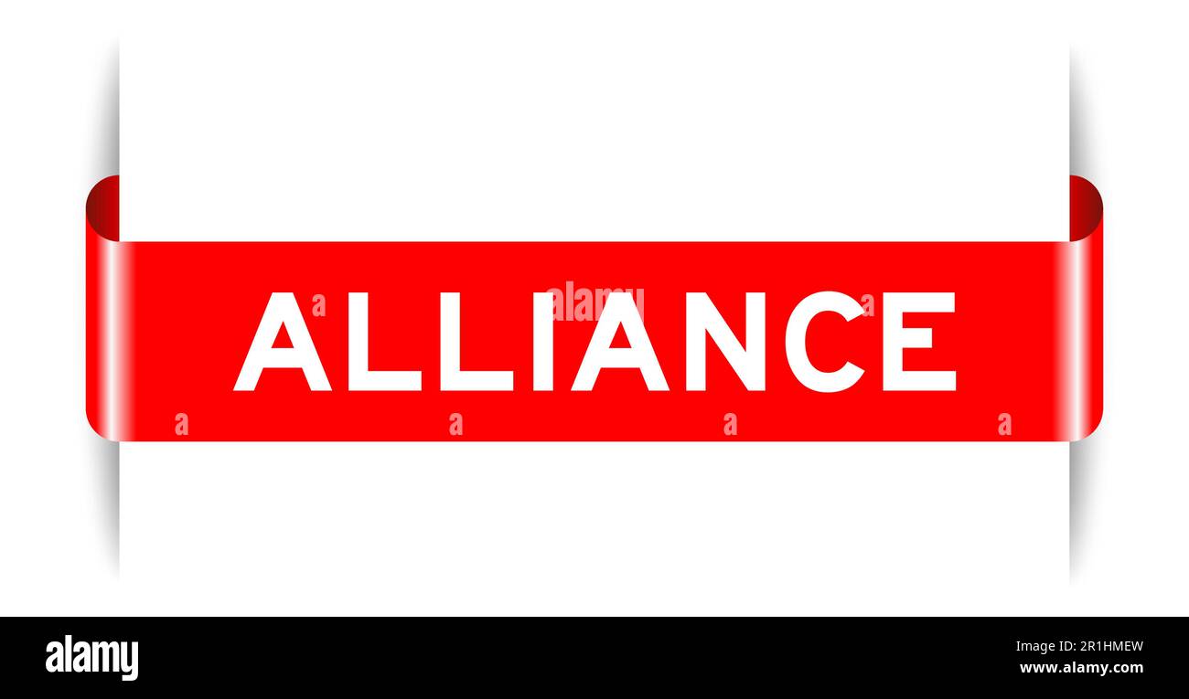 Red color inserted label banner with word alliance on white background ...
