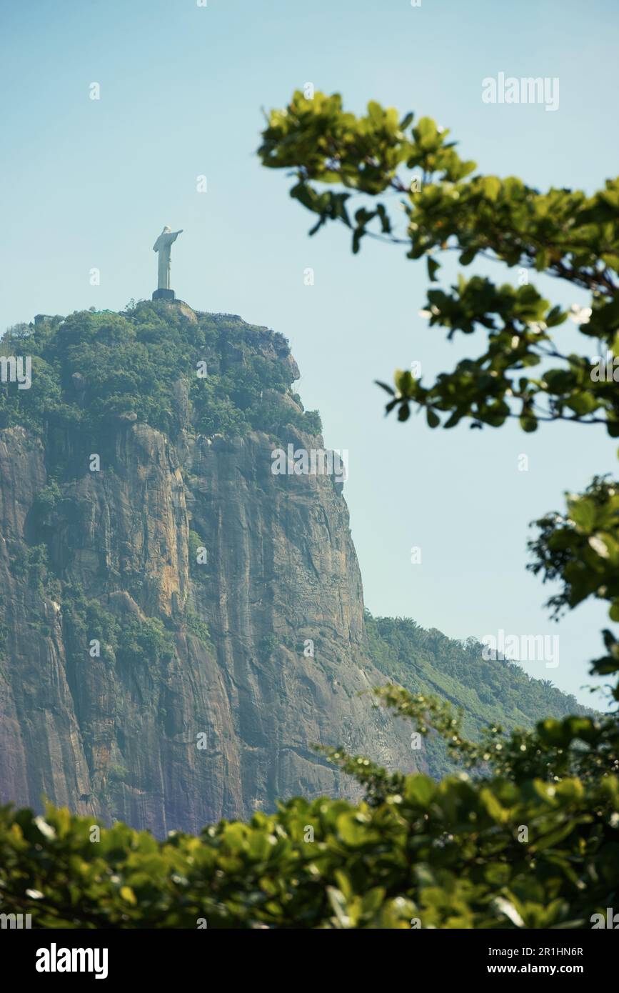Brazil, monument and Christ the Redeemer on mountain for tourism ...