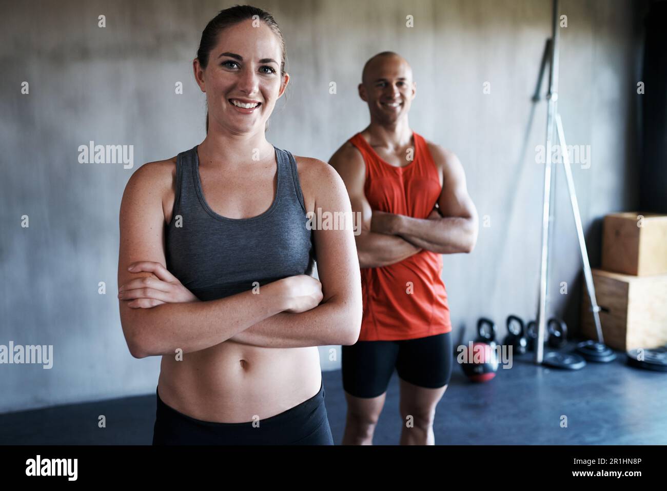 Exercise portrait, arms crossed or people happy for health goals ...