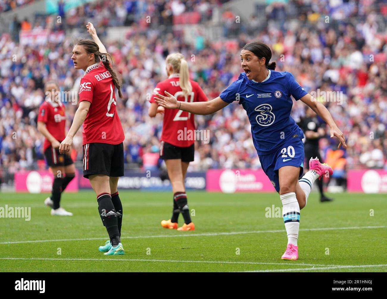 Chelsea's Sam Kerr (right) celebrates scoring their side's first goal ...